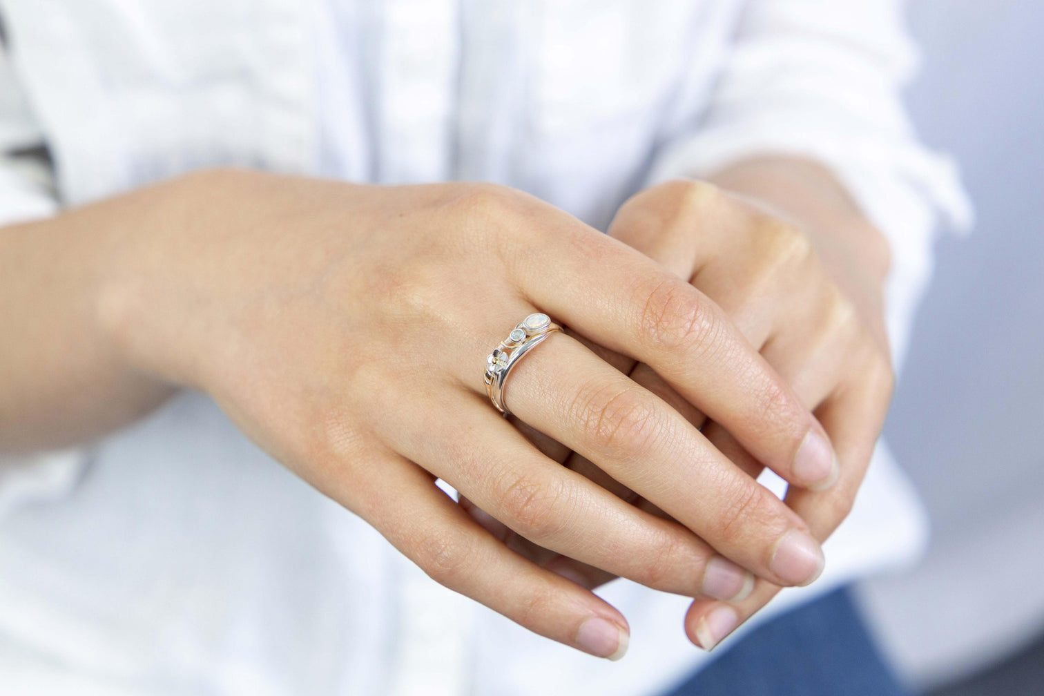 Blue Topaz and White Fire Opal Flower Ring | Unique Silver Jewellery ...