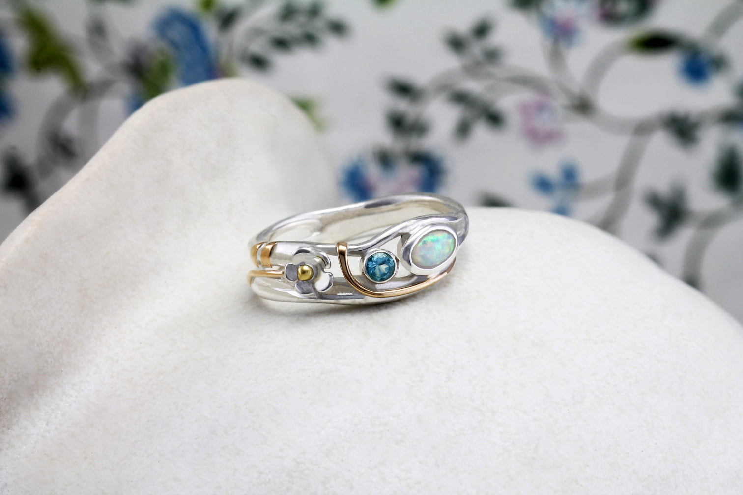Blue Topaz and White Fire Opal Flower Ring | Unique Silver Jewellery ...